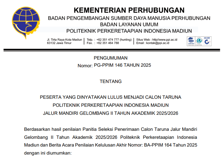 Politeknik Perkeretaapian Indonesia MadiunPG-PPIM 146 TAHUN 2025 ...